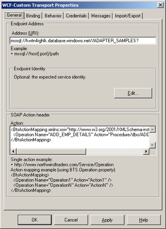 WCF-SQL Adapter Stored Procedure : SQL Azure
